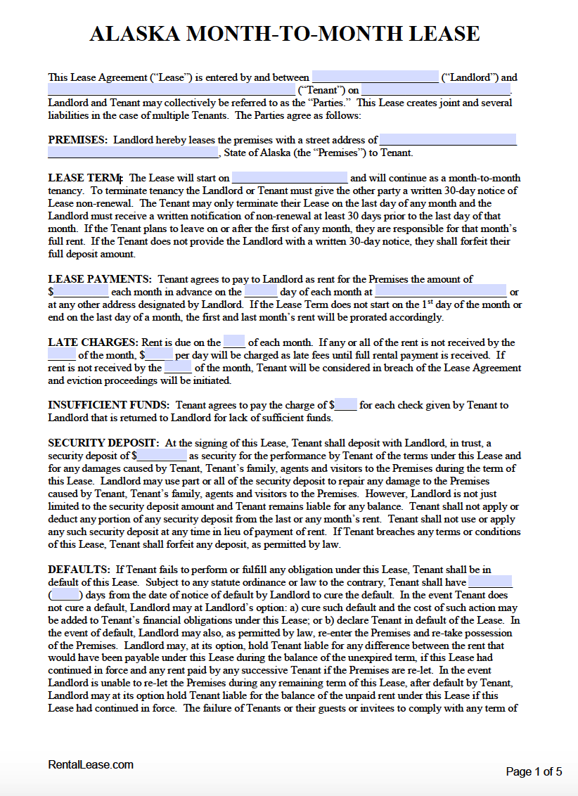 Free Alaska Month to Month Lease Agreement Template PDF Word