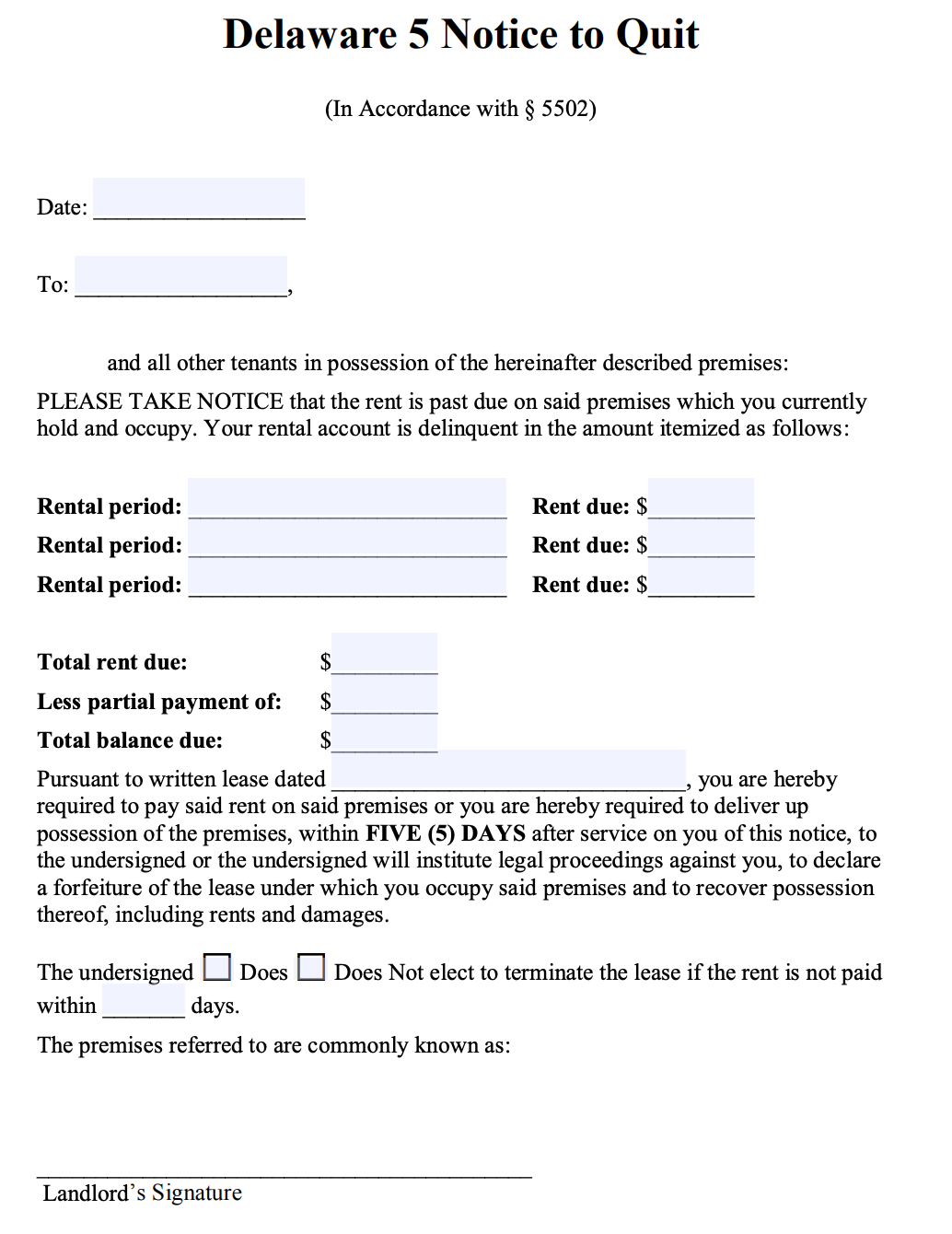 Free Delaware 5 Day Eviction Notice Late Rent Notice To Quit 