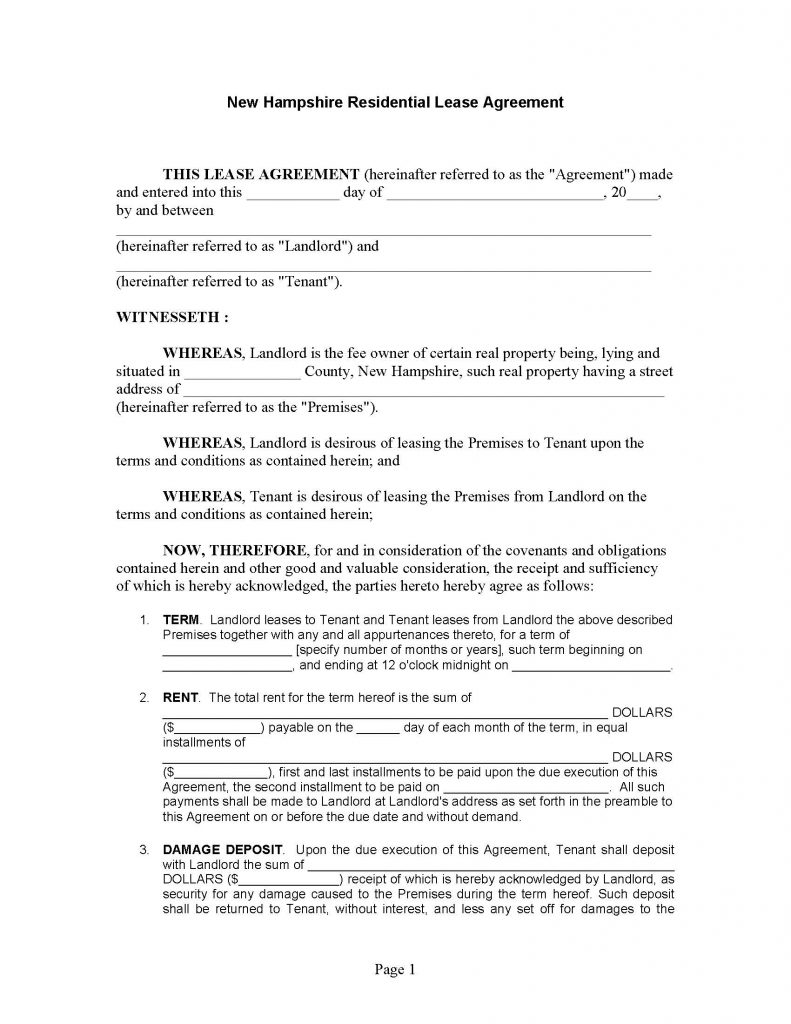 Free New Hampshire Rental Lease Agreement Templates | PDF | Word