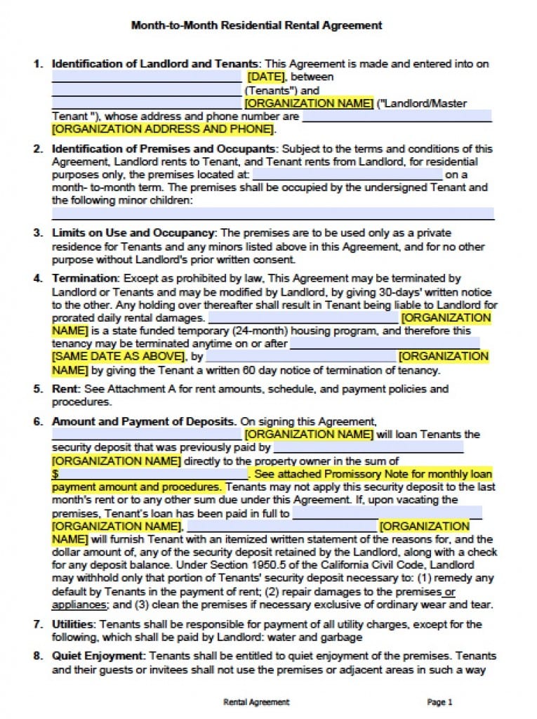 Free California Month to Month Lease Agreement PDF Word doc 