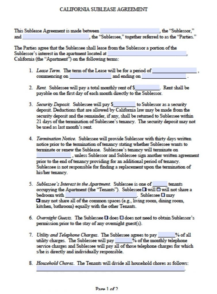 Free California Rental Lease Agreement Templates PDF Word