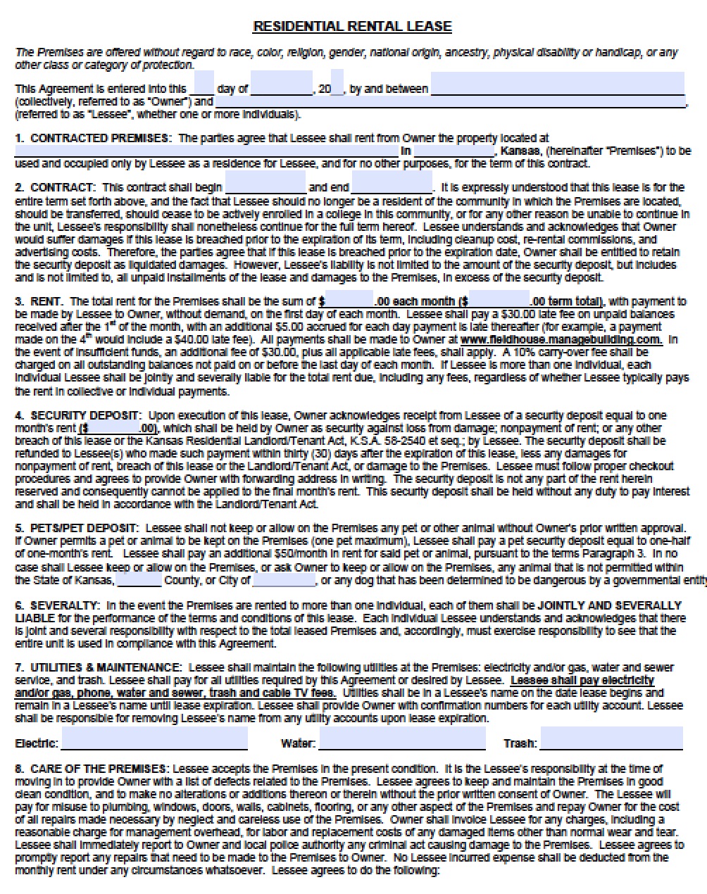 Free Kansas Standard Residential Lease Agreement Template PDF Word