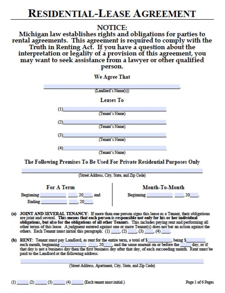 Free Michigan Rental Lease Agreement Templates | PDF | Word