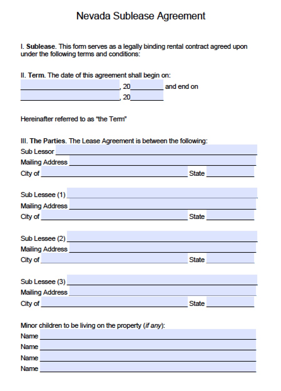 Free Nevada Sub Lease Agreement PDF Word doc 