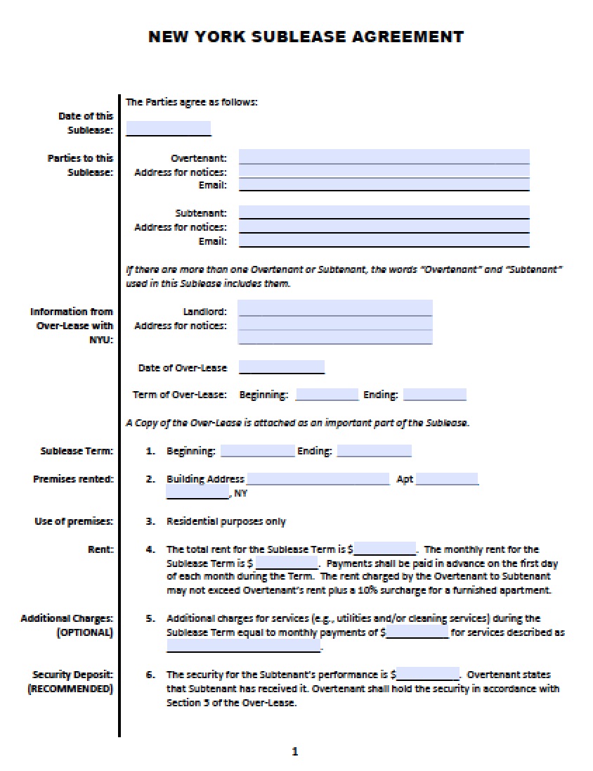 Free New York Sublease Roommate Agreement Template PDF Word