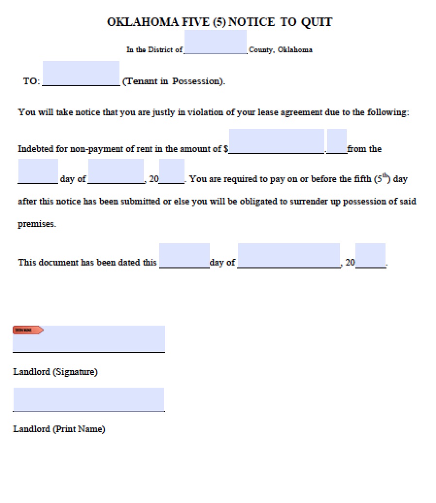 Free Oklahoma Five 5 Day Notice To Quit For The NonPayment Of Rent 