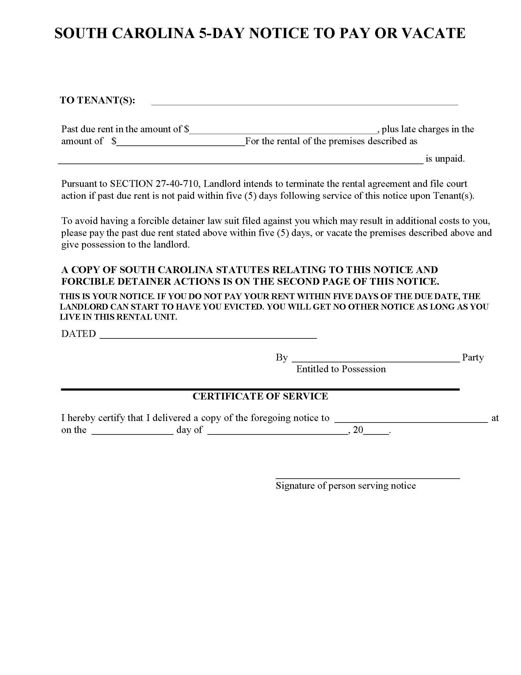 Free South Carolina Five 5 Day Notice To Quit NonPayment Template 