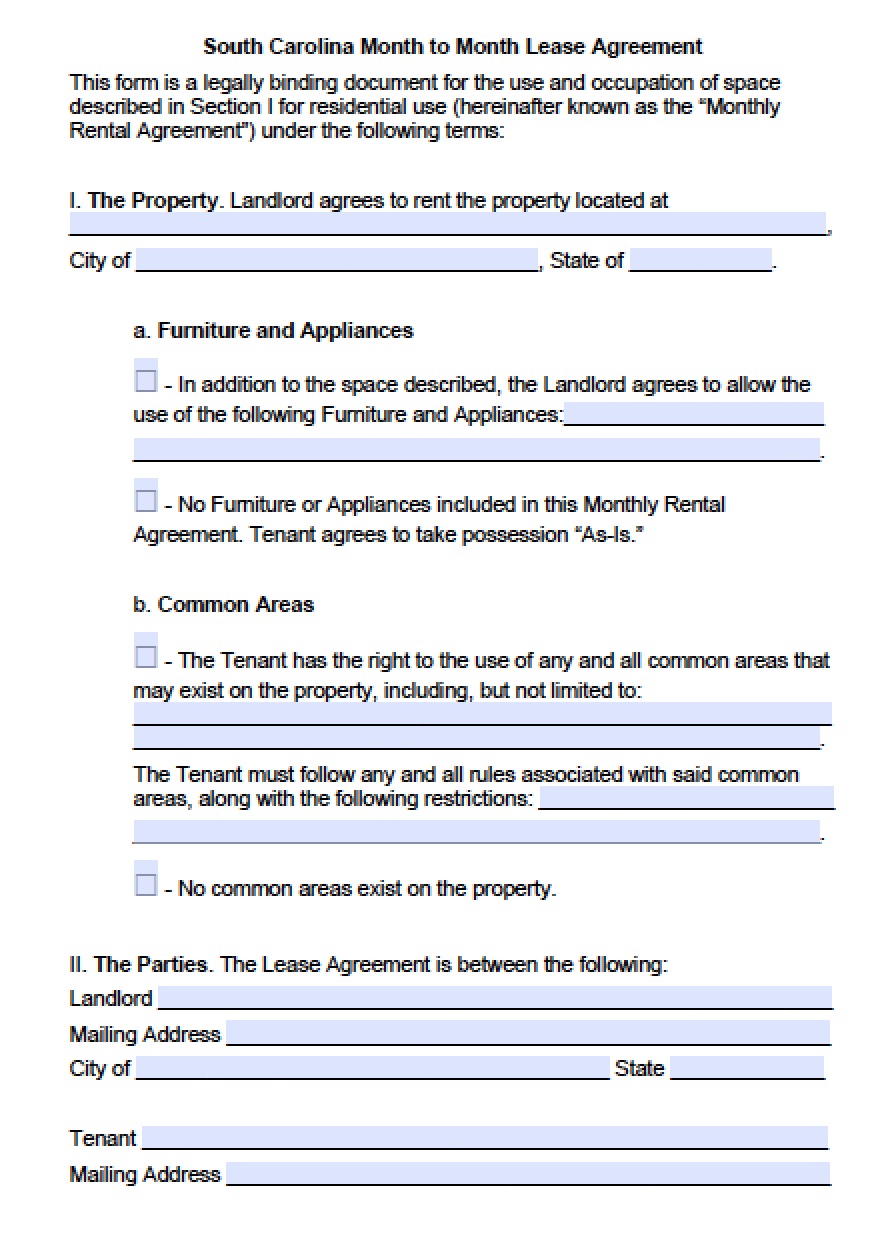 Free South Carolina Month To Month Rental Agreement PDF Word doc 