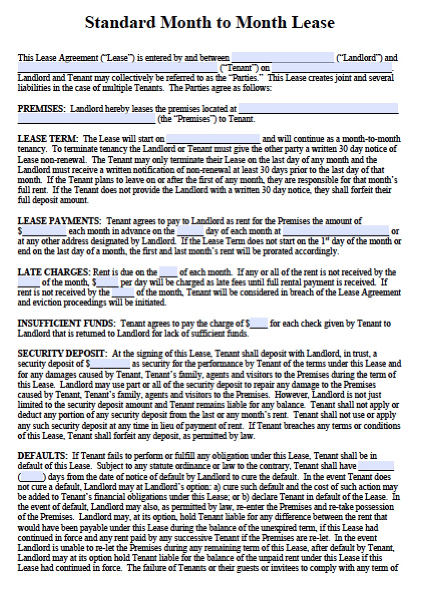 Free Month To Month Rental Lease Agreement Templates PDF
