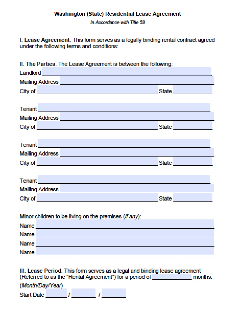 Free Washington Standard Residential Lease Agreement Template PDF Word